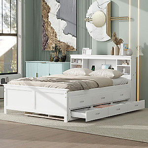 Harper & Bright Designs Full Size Bed with Bookcase Headboard, Wooden Full Platform Bed with Trundle and Drawers,Full Storage Bed with USB Ports Outlets for Kids Girls Boys,White