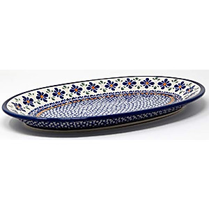 Polish Pottery Oval Serving Platter From Zaklady Ceramiczne Boleslawiec Mosaic Flower Pattern, Dimensions: 12 Inch X 7.75 Inch