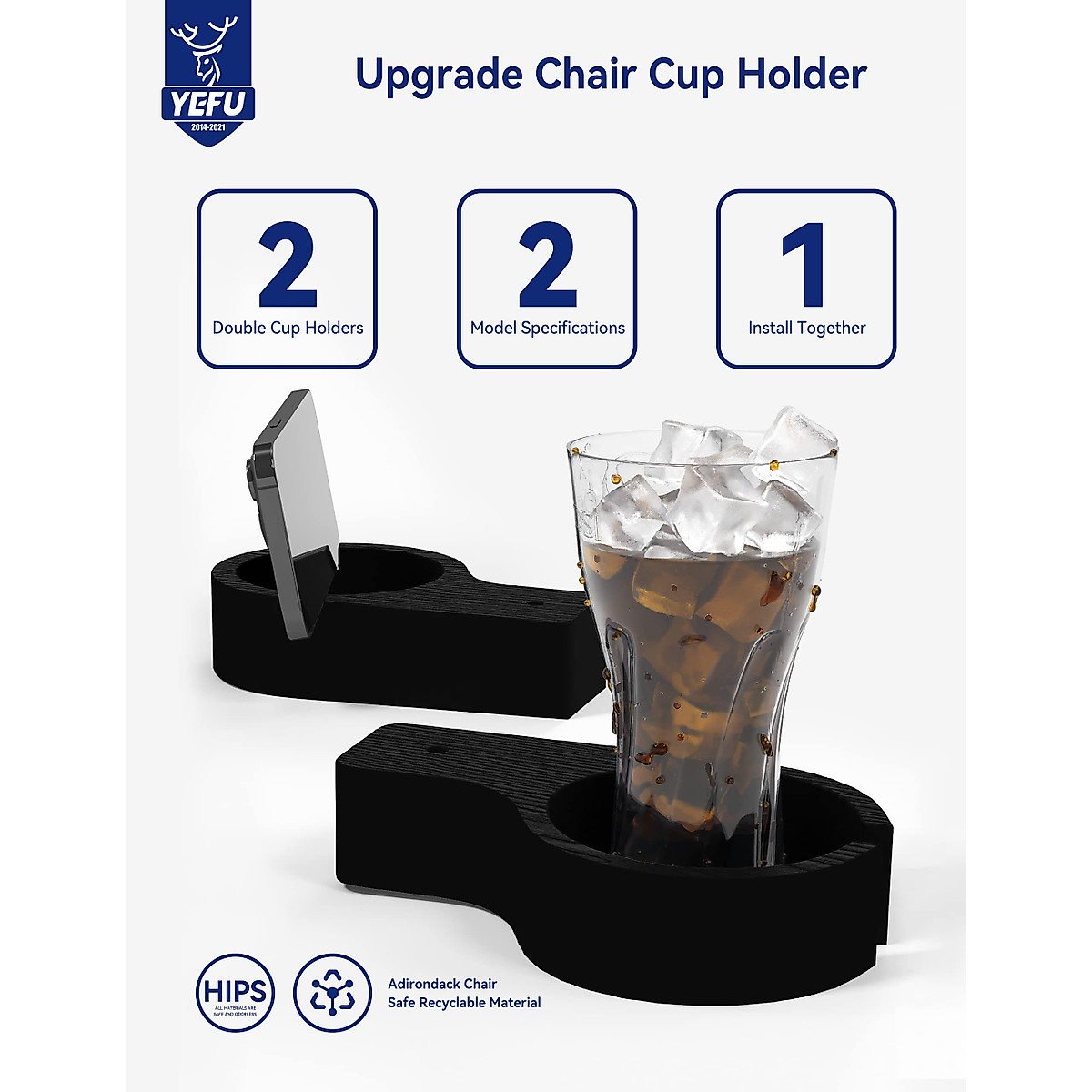 YEFU Adirondack Chair with Ottoman, Adjustable Backrest Adirondack Chairs, Folding Outdoor Fire Pit Chair with 2 Cup-Holders, Weather Resistant for Patio Lawn Outside Garden Pool, 380lbs (Black)