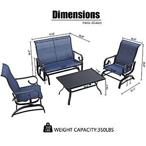 PatioFestival 4 Pcs Patio Glider Set, Outdoor Furniture Set with Metal Coffee Table,Gliding Rocking Chair,Textilene Fabric,Gliding Rocking Chair Set for Garden, Yard, Poolside(Blue)