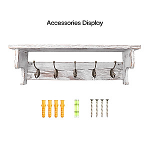 35" Long Coat Rack Wall Mount with Shelf, Rustic Wooden Entryway Shelf with 8 Hanger Hooks, Farmhouse Mounted Pinewood Floating Wall Hook Rack Shelf for Kitchen Bathroom Mudroom Laundry, White