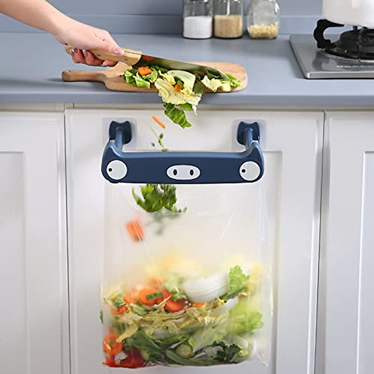 Kitchen Wall Hooks Rack Rail,Over The Cabinet Plastic Bag Holder,Trash Bag Holder Cartoon Pig Style Punch Free Sturdy Durable PP Space Saving Wall Mounted Utensil Hanger(blue)