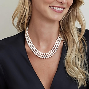 The Pearl Source 14K Gold 7.0-7.5mm Round Genuine White Triple Japanese Akoya Saltwater Cultured Pearl Necklace in 17-18-19" Length for Women
