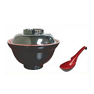 JapanBargain, Soup Bowl with Lid and Spoon for Miso Soup Rice Poke Donburi Noodle Pasta Cereal Black and Red Color Japanese Style with Hook Spoon, 21 oz (1, 21oz w/Gift Box)