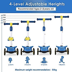 Wheelive 2 in 1 Kick Scooter with Removable Seat, 3 LED Wheels Kick Scooter for Kids, 4 Adjustable Height & Foldable Design Toddler Scooters Sit or Stand Ride for Boys & Girls 2-8 Years Old（Blue）