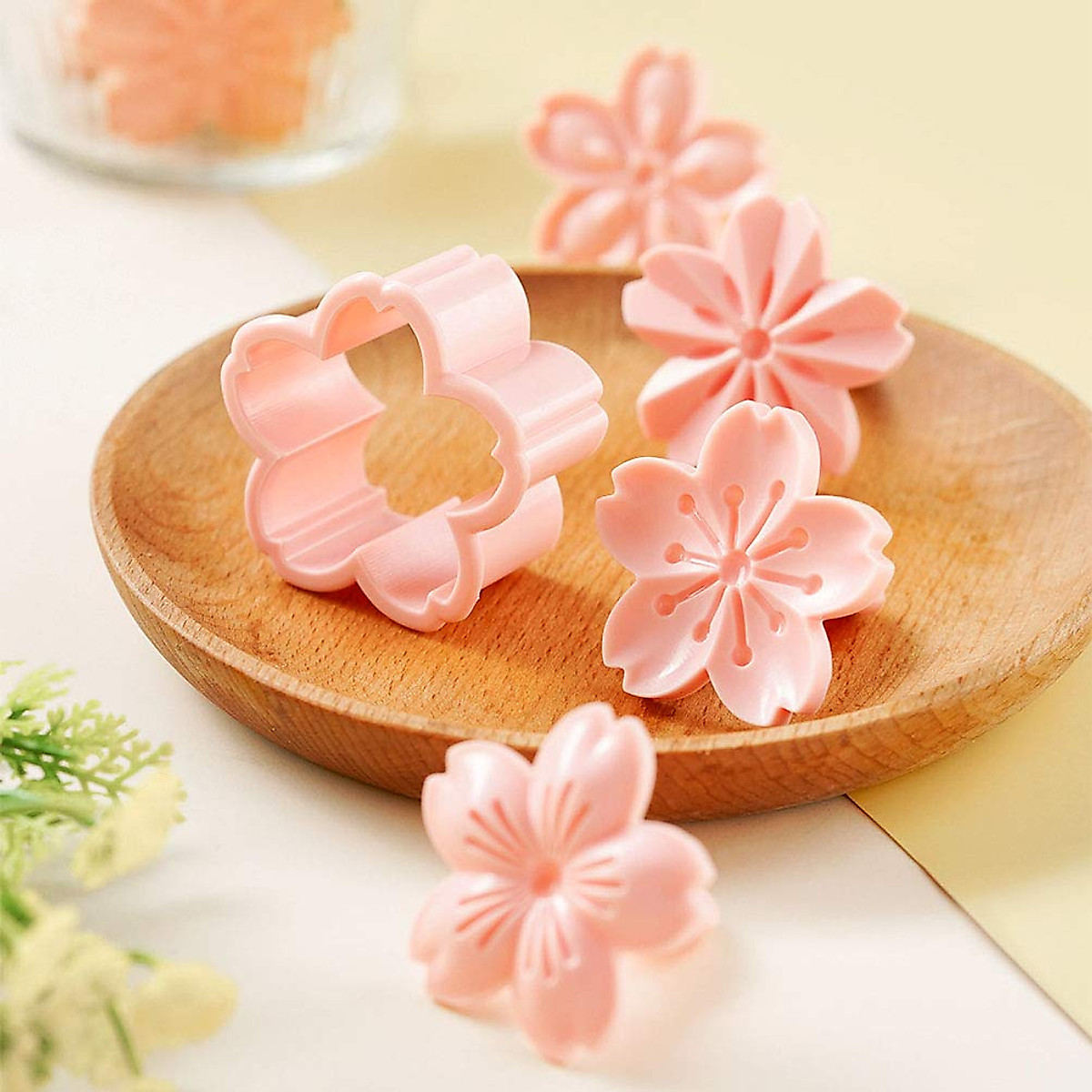Goeielewe Pastry/Cookie/Fondant Stamper, 2-Inch Press Cookies Mold with 4 Stamps Pink Cherry Blossom Shape Flower Hand Pressure Pastry Tool Fondant Cutters Set for Baking