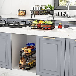 CHLORYARD 2 Tier Fruit Basket Countertop for Kitchen, Vegetable Bread Basket Fruit Bowl Storage Stand Detachable Metal Rectangular Wire Basket 14-Inch Antique Black