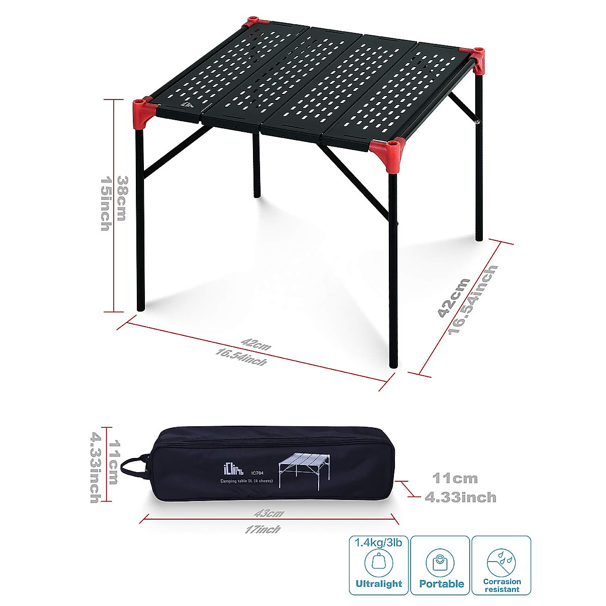 iClimb Extendable Folding Table Large Tabletop Area Ultralight Compact with Hollow Out Tabletop for Camping Backpacking Beach Concert BBQ Party, Three Size (Black - S + Hanger)