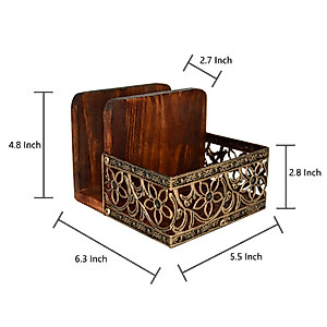 Owlgift Two-in-one Rustic Brown Wood Condiment Tabletop Serving Caddy with Napkin Holder, Metal & Wooden Napkin Holder, Freestanding Salt & Pepper Napkin Holder, Malfunction Salt Pepper Storage Holder