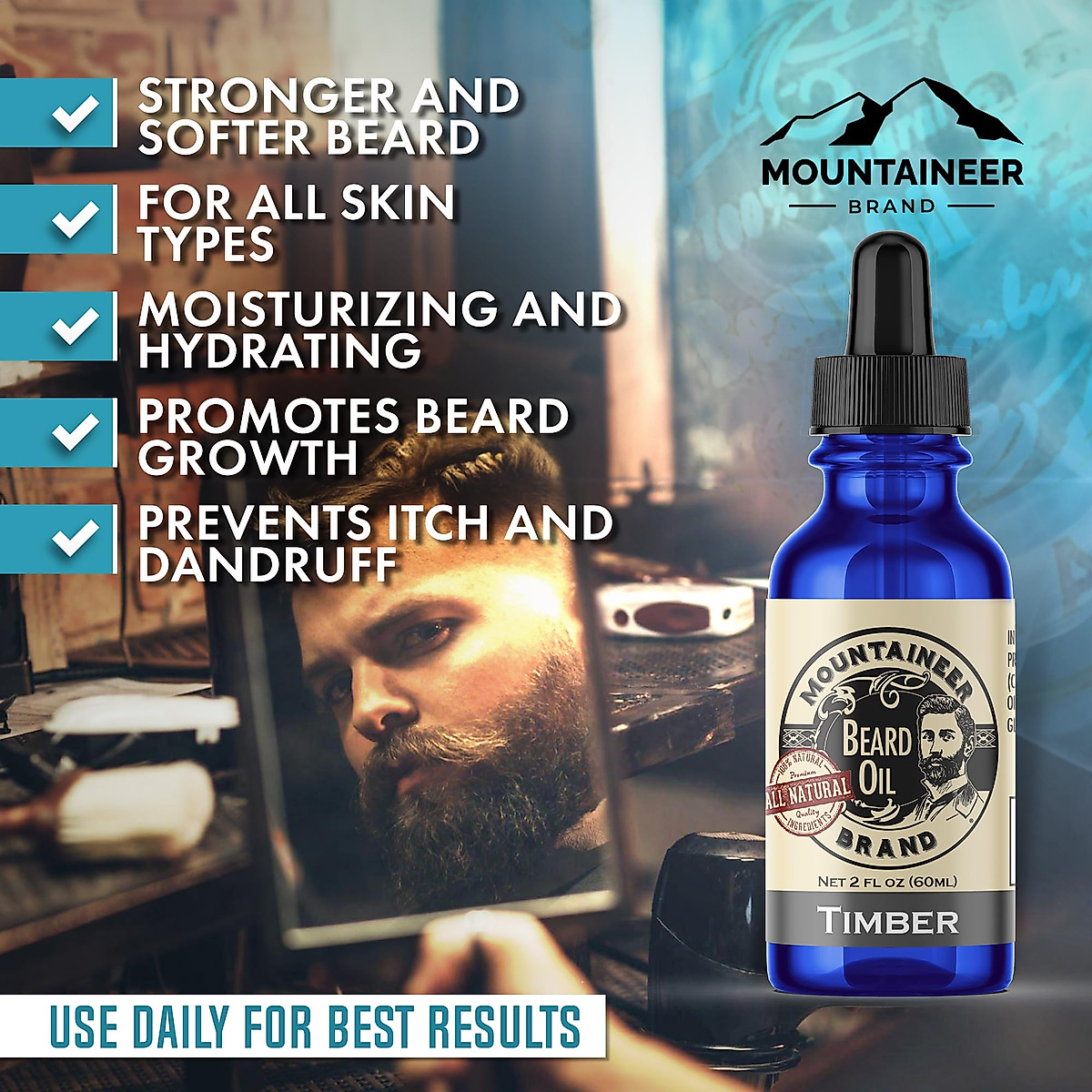 Mountaineer Brand Beard Oil - WV Pine Tar Scent - 100% Natural Conditioner and Softener For Men - Hydrates and Moisturizes for Beard Growth - Treats Dry Itchy Beards - 2oz