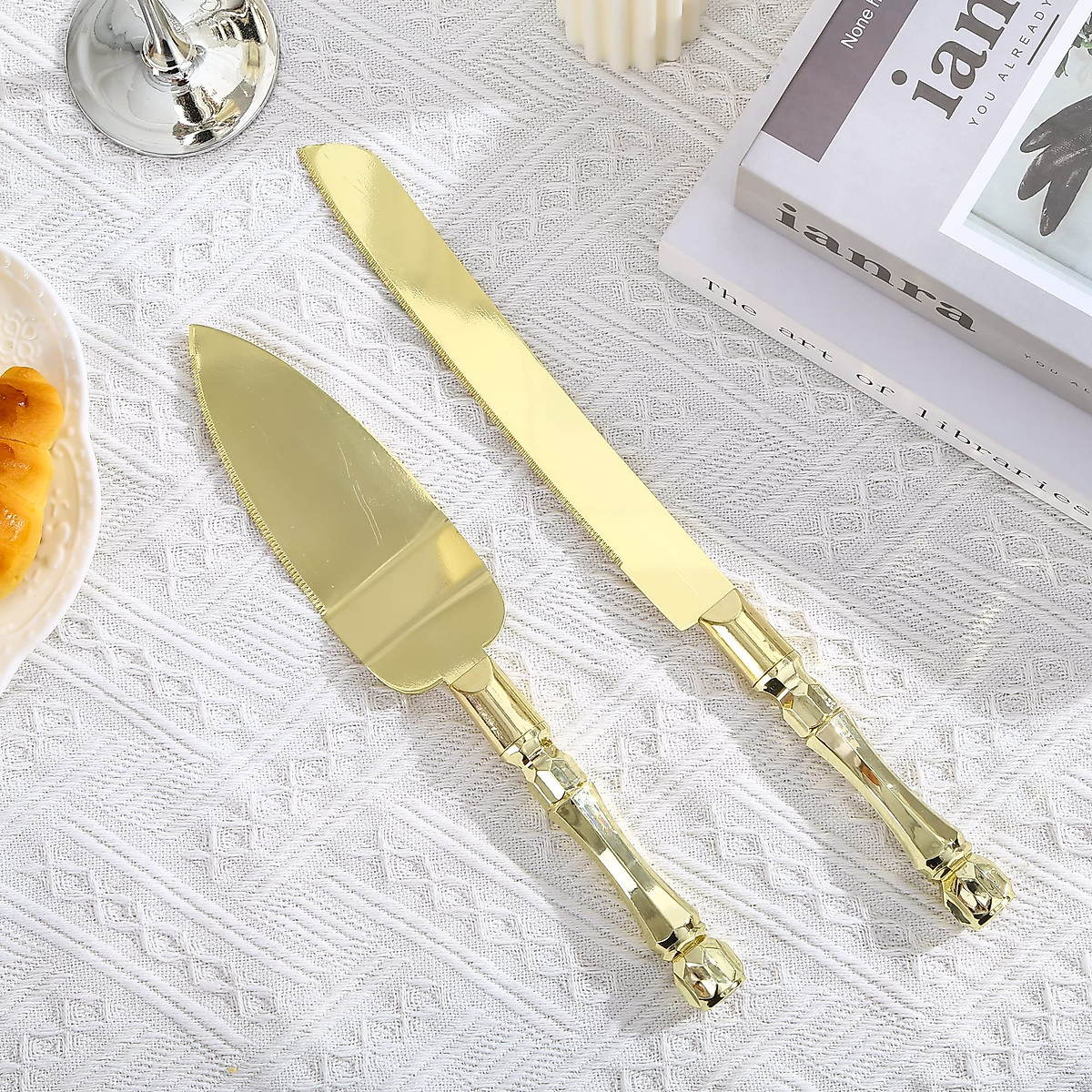 ZOMUIA Wedding Cake Knife and Server Set, Stainless Steel Gold Plated Blades Serving Utensils, Stainless Steel Cake Pie Pastry Cutting Knife for Wedding Cake, Birthdays, Anniversaries, Parties-Gold