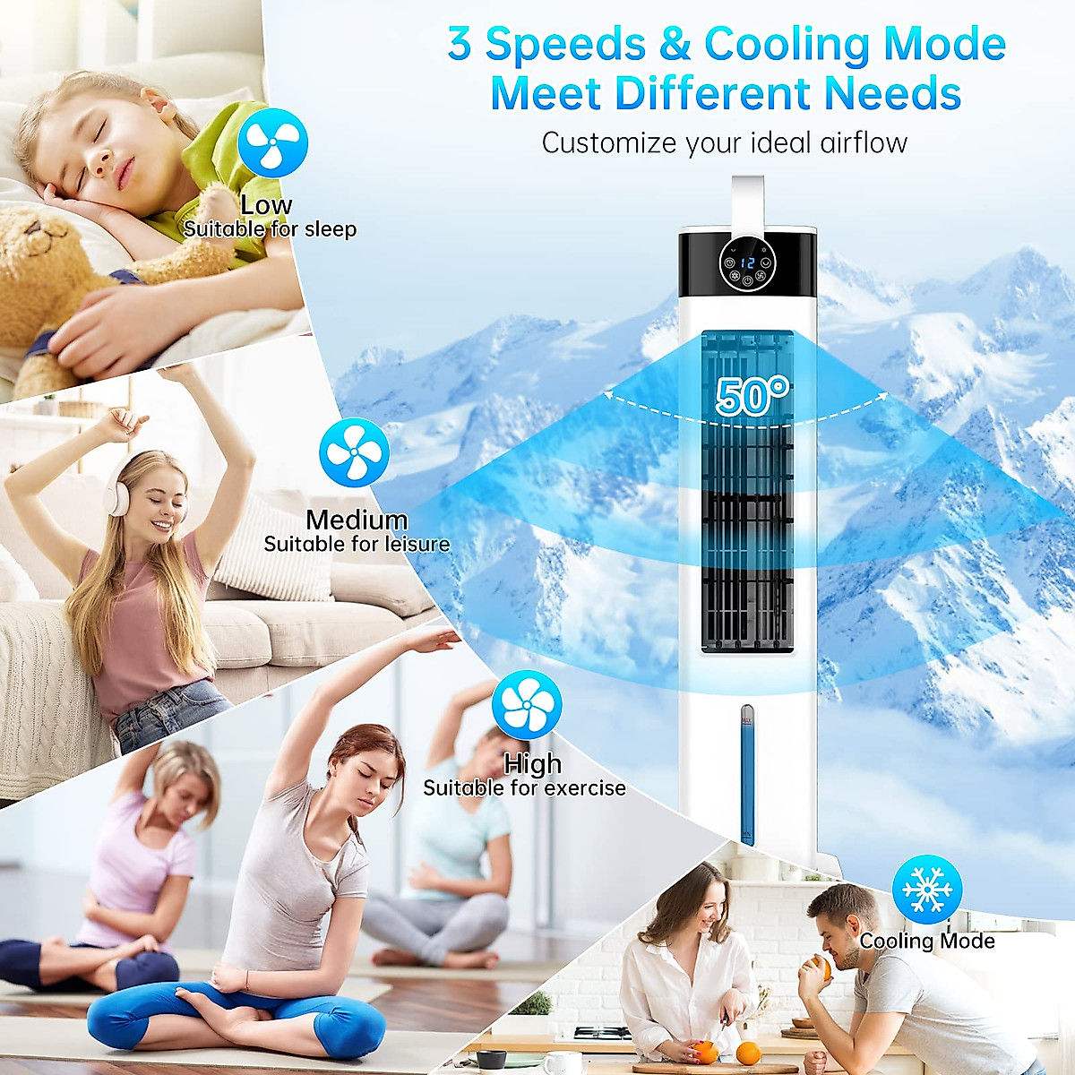 Evaporative Air Cooler, Portable Air Conditioner Fan, 35'' Evaporative Cooler with 3 Speeds & 52°Oscillation, 12-H Timer Remote Control Swamp Cooler w/Cooling Function for Home & Office