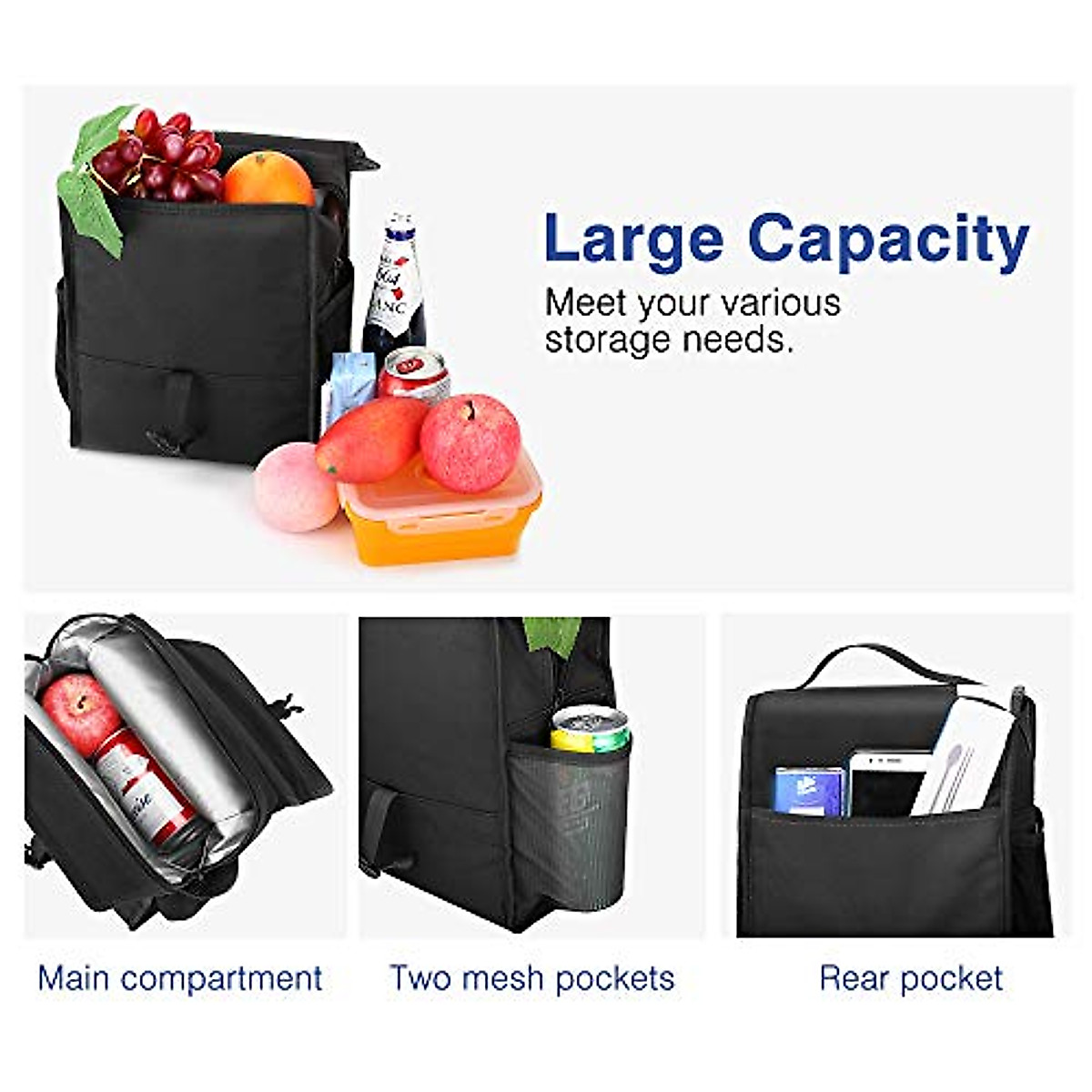 MoKo Insulated Lunch Bag, Reusable Cooler Tote Bag, Collapsible Multi-use Lunch Box, Thermal Lunch Sack with Zipper Closure for Travel Picnic Office, Black