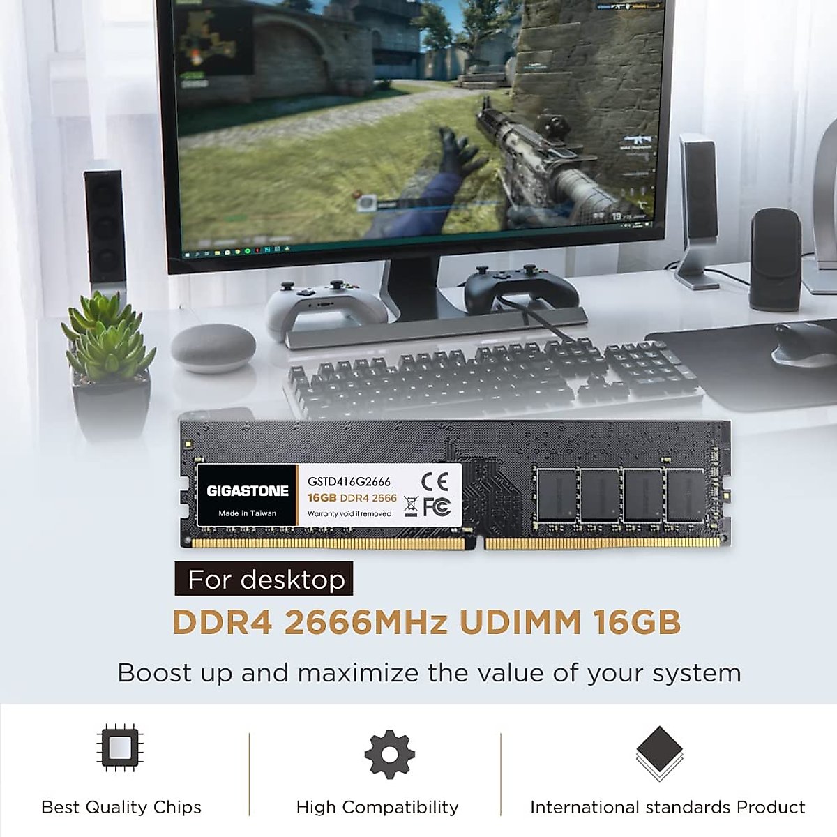 【DDR4 RAM】 GIGASTONE 32GB Kit (2x16GB) DDR4 2666MHz (2400MHz or 2133MHz) PC4-21300 (PC4-19200/17000) CL19 1.2V UDIMM 288 Pin Unbuffered Non ECC High Performance PC Desktop Memory Upgrade