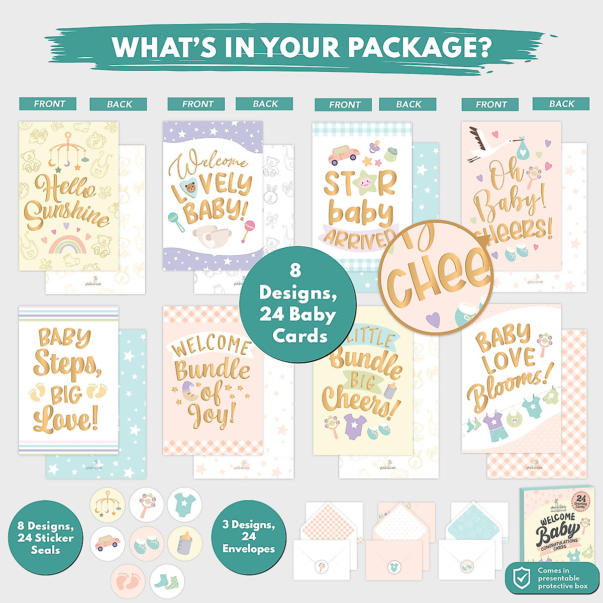 24 Pack Gold Foiled Baby Cards Congratulations With Envelopes & Stickers, 8 Designs with Printed Message New Baby Cards, 4x6" New Baby Card Baby Shower Cards Gender Neutral, Baby Congratulations Cards