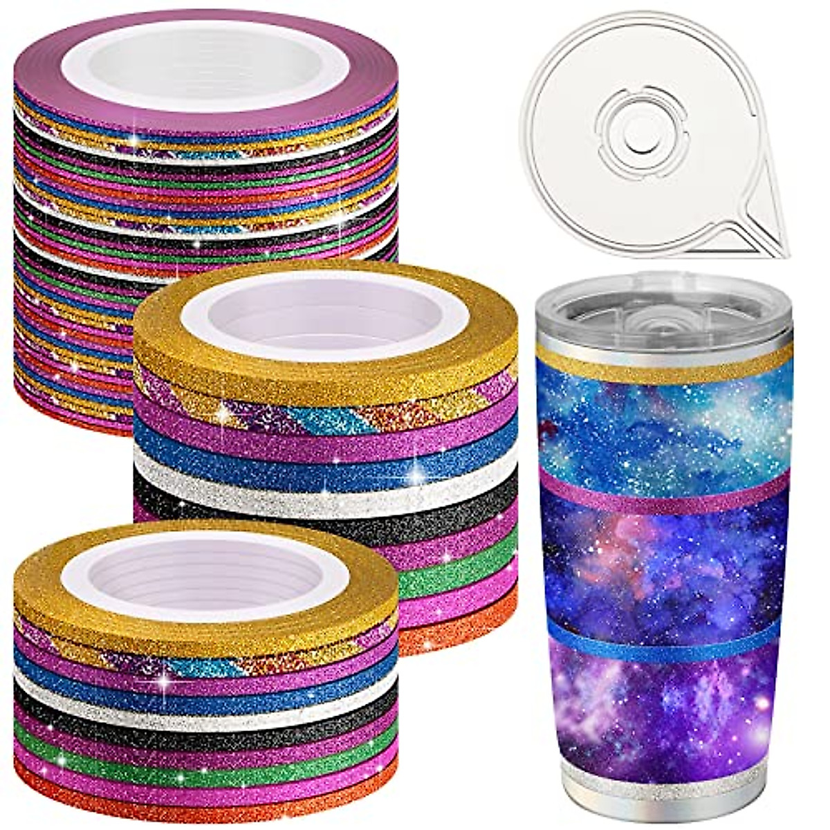 69 Rolls Line Striping Tape for Tumblers Making Holographic Pinstripe Decals for Tumblers Self Adhesive Tape with Dispenser Case for DIY Tumblers Nail Decoration Crafts (Gitter, 1 mm, 2 mm,3 mm)