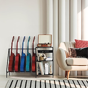 OYEAL Acoustic Guitar Stand, 5 Electric Bass Guitar Stand Floor with Record Storage, Multiple Guitar Rack Hoder with Charging Station for Acoustic, Electric, Bass, Ukulele, Guitar Accessories, Black