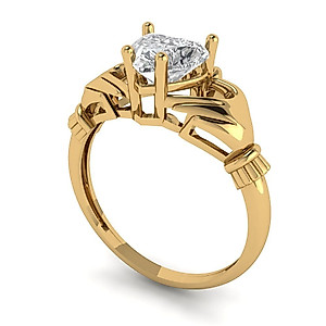 Clara Pucci 1.52ct Heart Cut Irish Celtic Claddagh Solitaire Stunning Moissanite Simulant Modern Ring 14k Yellow Gold 6.5