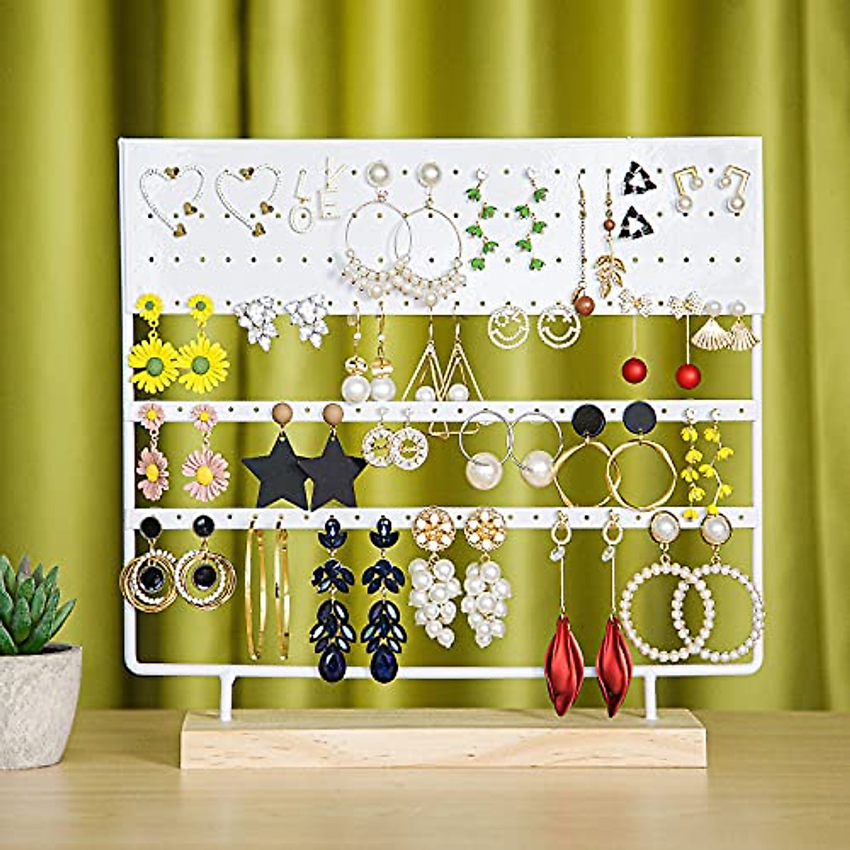 Brightdeco Earring Holder Organizer Earring Display Stand with Wooden Base White