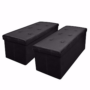 Otto & Ben [2pc Set] Folding Toy Box Chest with Memory Foam Seat, Tufted Faux Leather Trunk Ottomans Bench Foot Rest, Black