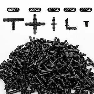 Homakover 200PCS 1/4 Drip Irrigation Fittings Kit, 80 Straight Barbs, 60 Tees, 20 Elbows, 20 End Plug, 20 4-Way Coupling for Barbed Connectors Parts for Sprinkler Systems