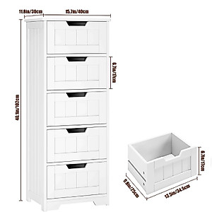 FOTOSOK Bathroom Floor Cabinet, Free-Standing Storage Cabinet with 5 Drawers, 11.8” x 15.7” x 40.1” Wooden Storage Cabinet with Cut-Out Handles, Side Tall Storage Cabinet for Bathroom, Living Room