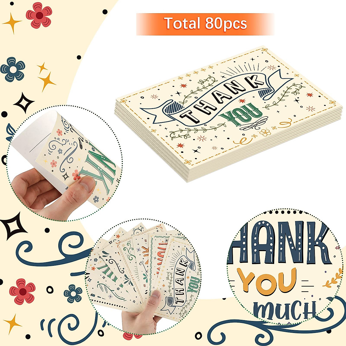 Junkin 80 Pack Thank You Postcards Thanks Blank Note Postcards Retro Appreciation Cards Greeting Cards Assorted Cards for Employee Teacher Adults Team Volunteers, 4 x 6 Inch