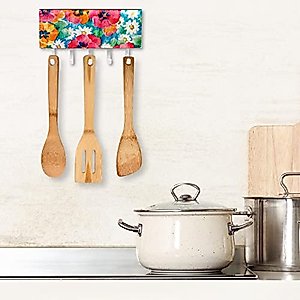Hand Drawn Retro Colorful Flowers Background Mail Holder Organizer and Key Hooks PU Front, Self Adhesive Key Rack with 5 Hooks Perfect for Entryway, Hallway，Bathroom ，Kitchen