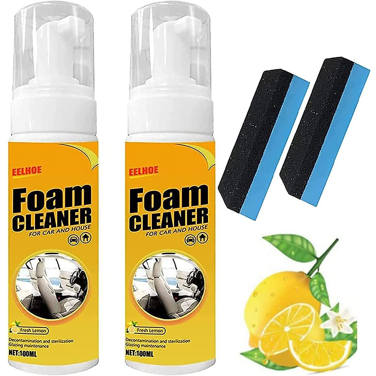 KUTDEP Dry Cleaning Ahent Multipurpose Foam Cleaner Spray,Lemon Flavor Multi-Purpose Foam Cleaner, Foam Cleaner for Car, Powerful Decontamination Set for Car and Home Kitchen (2pcs*100ML) + 2 Sponges