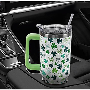 Nqhsionv St Patricks Day Tumbler with Handle 40 oz Green Lucky Shamrock Coffee Travel Mug Stainless Steel Insulated Cup Irish Saint Patricks Decor Gifts
