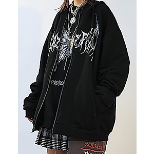 MISSACTIVER Women’s Casual Graphic Printed Hoodies Oversized Zip Up 90S E-Girl Streetwear Grunge Jacket Black
