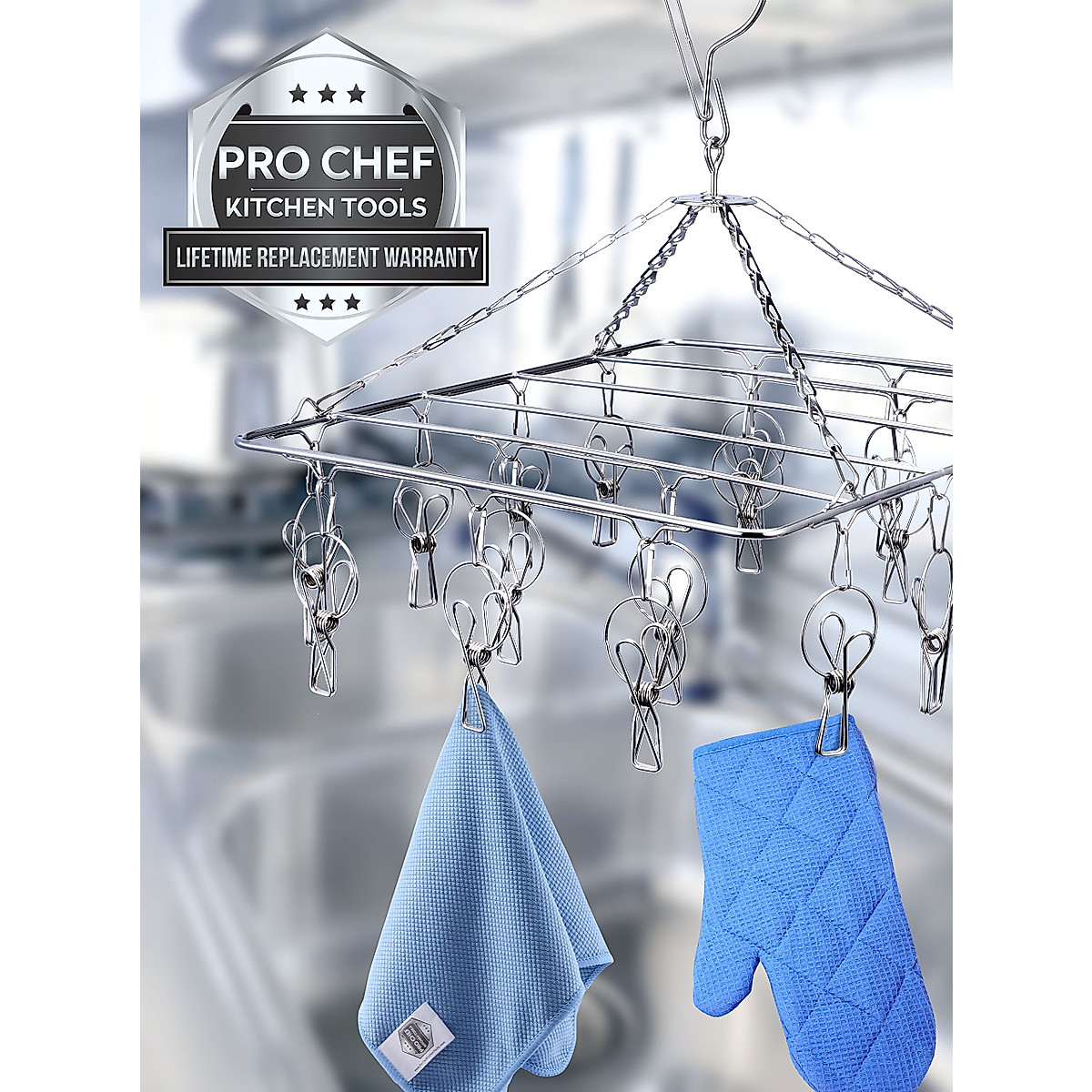 Pro Chef Kitchen Tools Laundry Drying Rack - Rectangle Hanging Clothes Dryer with 18 Clothes Pins - Hangers with Clips - Retractable Clothesline - Mitten Drying Rack - Indoor Outdoor Laundry Hanger