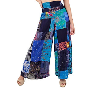 LOFBAZ Women's Patchwork Wide Leg Palazzo Pants Yoga Lounge Hippie Harem Flowy Trousers Juniors Ladies Travel Cover Up Beachwear Patchwork Blue 2XL