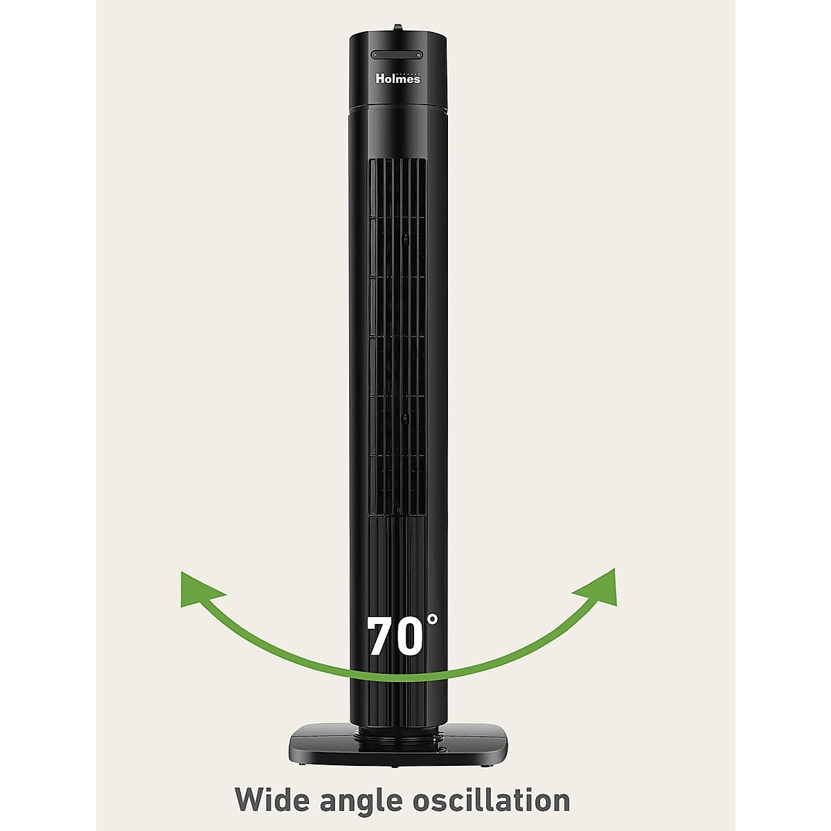 HOLMES 31" Manual Tower Fan, 70° Oscillation, 3 Speeds, 2-Hour Auto Shut-Off Timer, Adjustable Vents, Compact and Slim Profile, Carry Handle, Ideal for Cooling your Home, Bedroom or Office, Black
