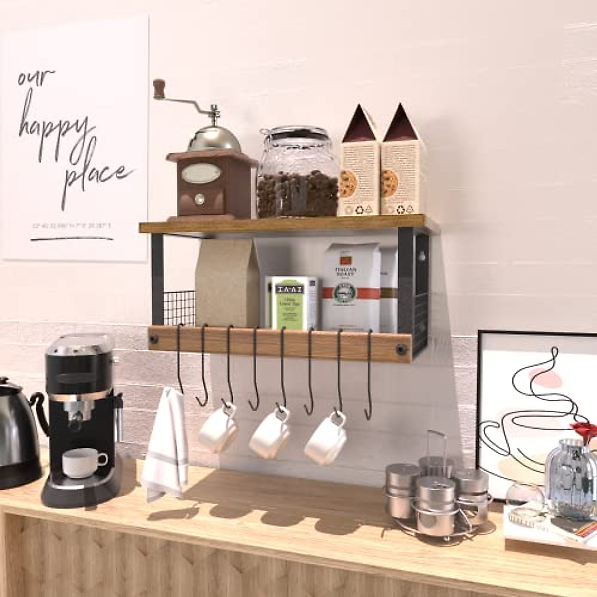 J JACKCUBE DESIGN Wall Mount Rustic Wood Floating Shelf, Coffee Mug Rack with 8 Hooks, 2 Tier Hanging Storage Shelves for Kitchen, Bathroom, and Living Room - MK455A