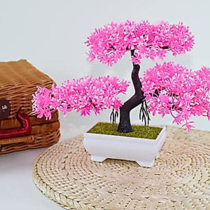 LYSTAR Artificial Pine Tree Bonsai - Realistic Plastic Tree for Office Desk Decor - Fake Bonsai with Natural Appearance and Texture, Perfect for Home and Workplace (Pink)