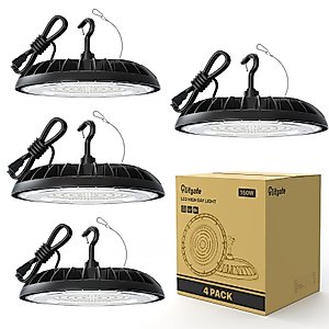 Glitgate LED High Bay Light 150W, 21000lm 5000K UFO High Bay Lights(600W MH/HPS Equiv.) LED Warehouse Lights with 5ft Cable US Plug for Garage Shop Barn, 4 Pack