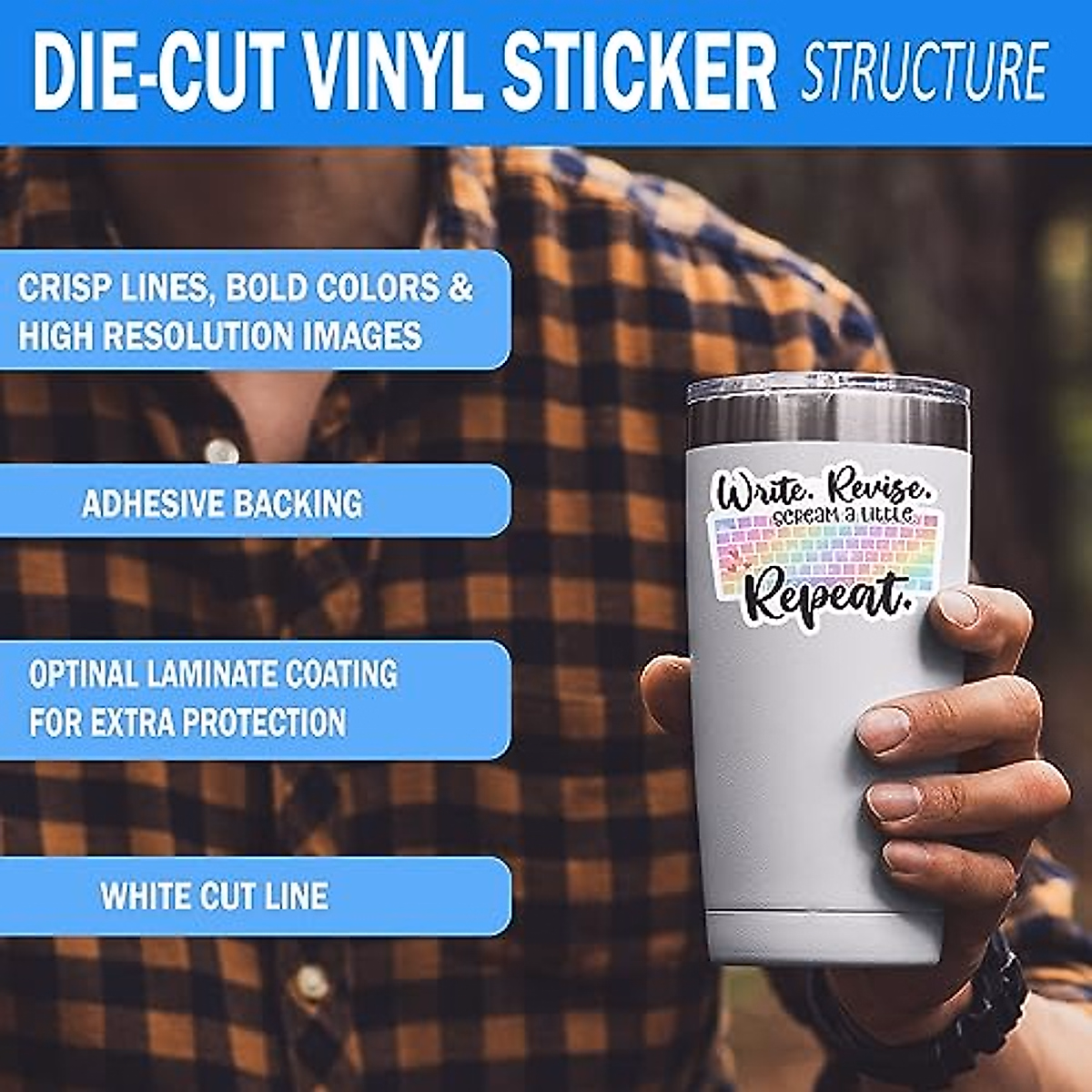 Miraki Write Revise Scream A Little Repeat Sticker, Writing Sticker, Book Lover Sticker, Book Worm Sticker, Water Assitant Die-Cut Vinyl Funny Decals for Laptop, Phone, Water Bottles, Kindle Sticker