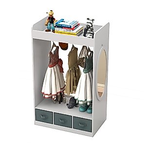 WISCLASS Kids Dress Up Storage with Mirror and Drawers, Kid Armoire Dresser, Open Costume Closet, Lovely White for Girls Room