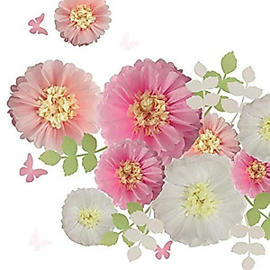 Fonder Mols Tissue Paper Chrysanth Flowers with Butterfly and Olive Leaves for Wedding Baby Shower Nursery Room Parties & Events Decorations Pom Poms (Set of 21, White Pink)