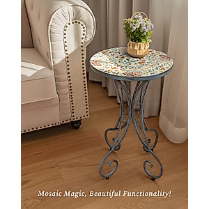Frstem Mosaic Patio Table and Plant Stand, Outdoor Side Table for Patio with 14" Ceramic Tile Top, Weather Resistant Metal Round End Table Accent Table for Yard Porch Balcony Garden Bedside, Blossom