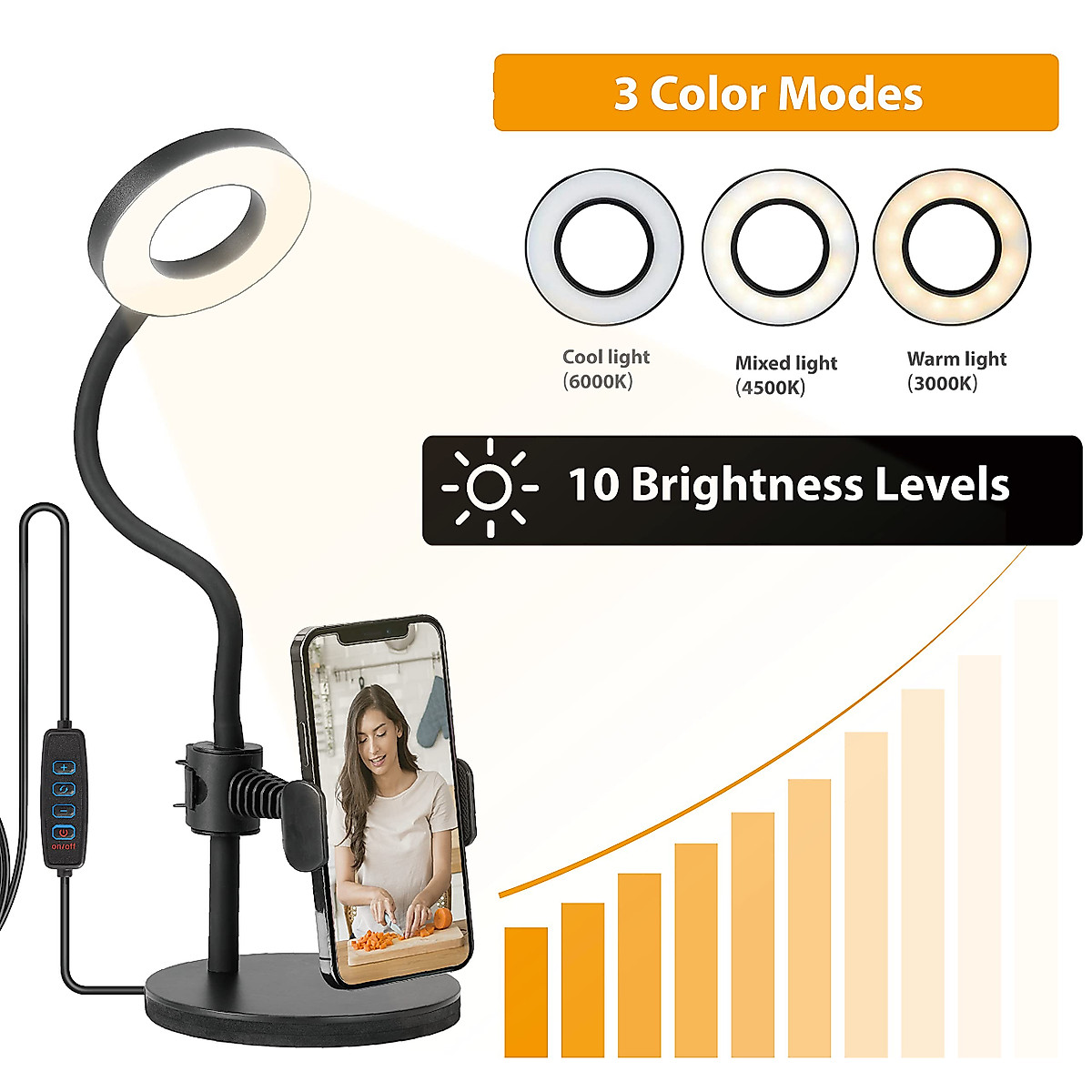 ONEXT USB LED Desk Lamp with Phone Holder Flexible Gooseneck 3 Color Modes 10 Brightness Dimmable for Reading Nightlight Work