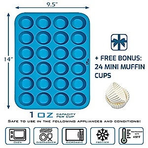 KPKitchen Silicone Mini Muffin Pan - 24 Cup Nonstick, Includes Free Mini Muffin Paper Cups - Ideal for Cupcakes, Muffins, Fat Bombs & More