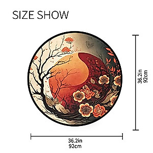 Vnurnrn Round Area Rug (Oriental Moon Floral), Non Slip Indoor Throw Area Rug Washable Circle Carpet Floor Mat for Living Room, Door Entryway, Bedroom, Sofa, 3 Ft