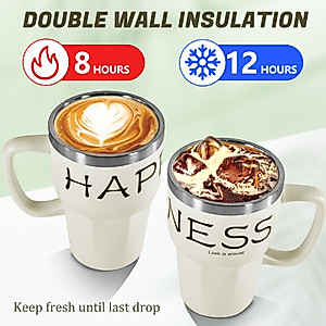 21 oz Insulated Coffee Mug Tumbler with Handle, Stainless Steel Travel Mug Tumbler with Lid and Straw, Coffee Travel Mug Spill Proof with Lid for Keep Hot/Ice Coffee, White