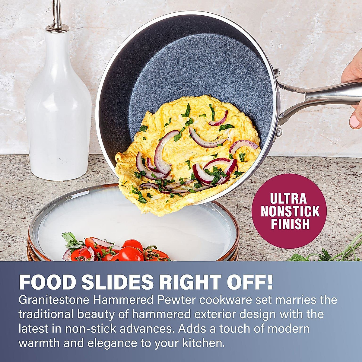 Granitestone Stainless Steel Pots and Pans Set Nonstick, 10 Pc Ceramic Kitchen Cookware Set, Induction Capable, Long Lasting Nonstick, Hammered Design, Cool Handles, Dishwasher Safe, 100% Toxin Free