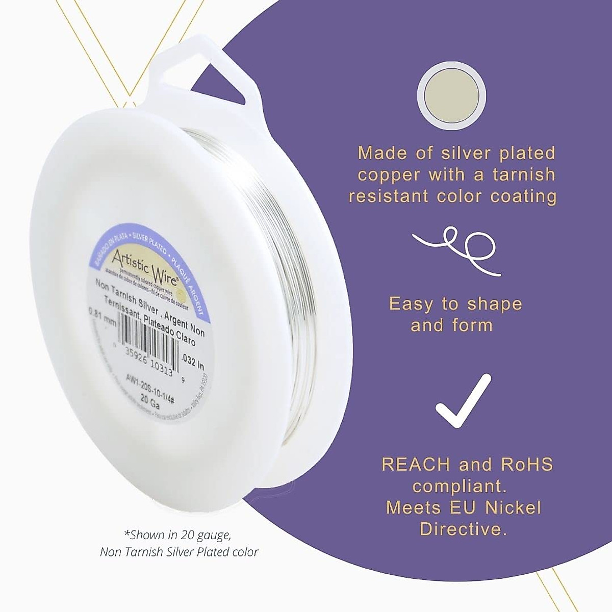 Artistic Wire, 18 Gauge Silver Plated Tarnish Resistant Colored Copper Craft Wire, Tarnish Resistant Silver, 49 ft