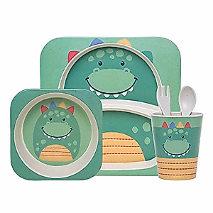 Little Me 5-Pack Bamboo Dinnerware Set - Dishwasher Safe Kids Dishes & Utensils - Dinosaur Plate, Bowl, Cup, Spoon & Fork