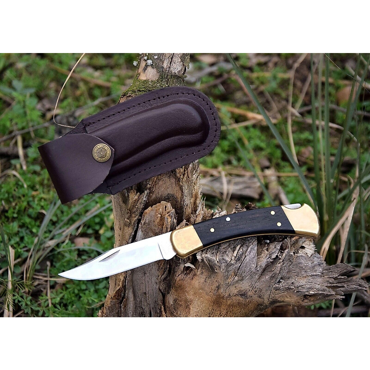 Custom Handmade Leather Genuine Vertical and Horizontal Sheath Folding Pocket Knife Buck 110