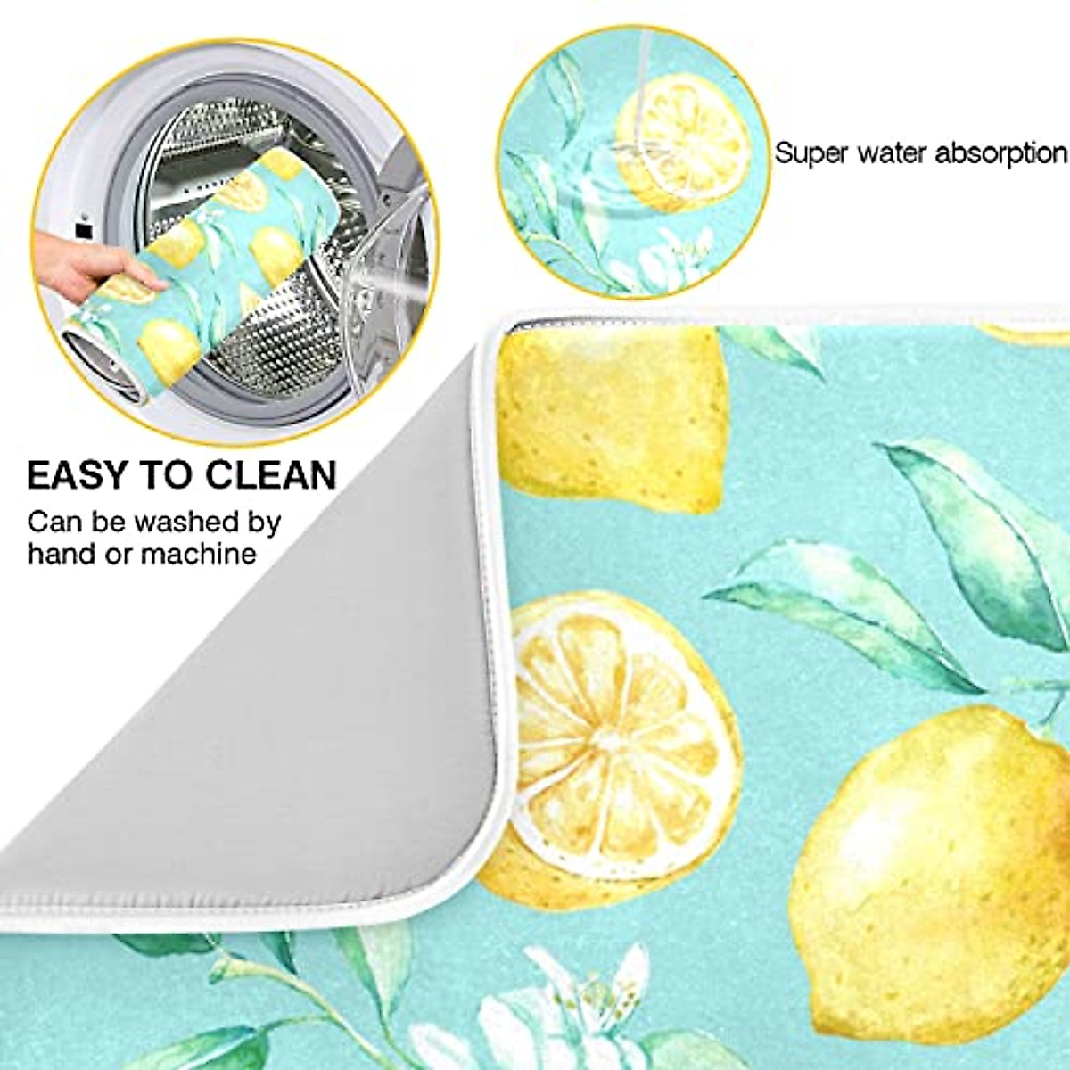 Absorbent Dish Drying Mat for Kitchen Counter - Yellow lemon teal background Microfiber Drying Pad, Reversible Drainer Mats for Countertop, Large 16 x 18 inch